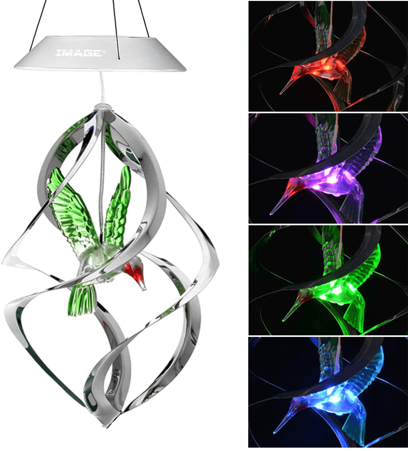 Agptek Hummingbird Win Wind Chime Color Changing Solar Hanging Lights ...